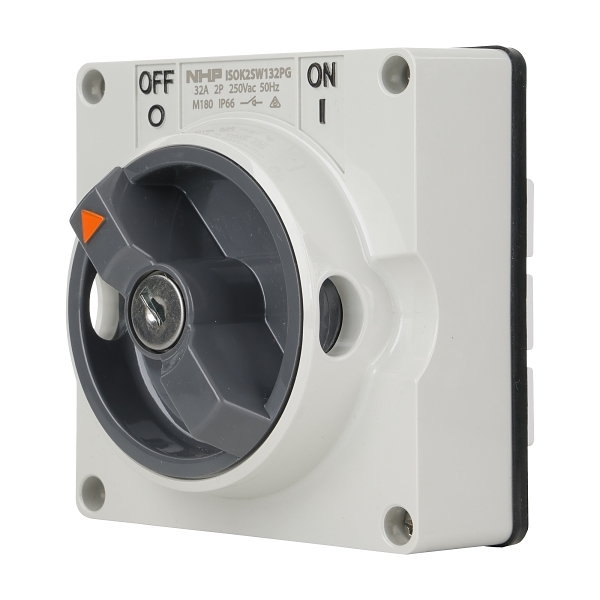 NHP ISO Surface Switch - Key, Lock in ON/OFF, 2 Pole 32A 250V AC, w/o Base, Grey