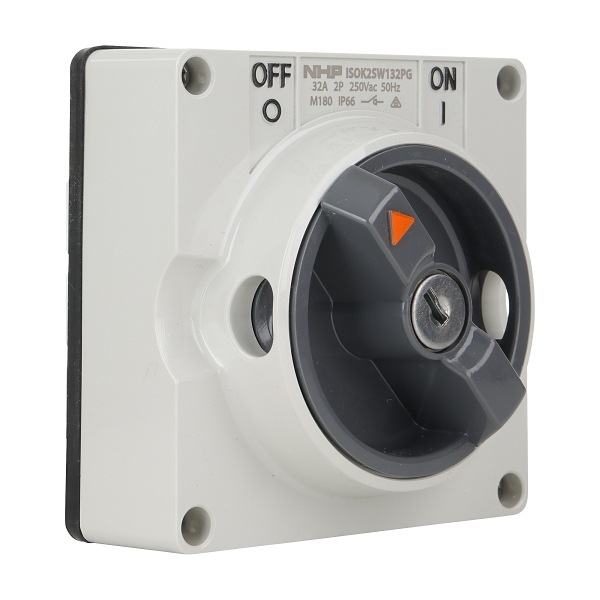 NHP ISO Surface Switch - Key, Lock in ON/OFF, 2 Pole 32A 250V AC, w/o Base, Grey