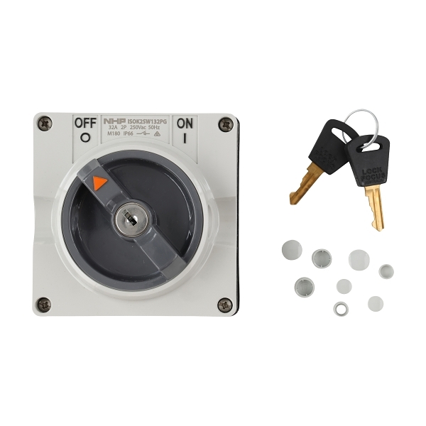 NHP ISO Surface Switch - Key, Lock in ON/OFF, 2 Pole 32A 250V AC, w/o Base, Grey