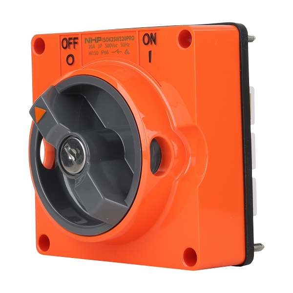 NHP ISO Surface Switch - Key, Lock in ON/OFF, 3 Pole 20A 500V AC, w/o Base, Resistant Orange