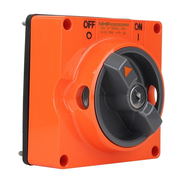 NHP ISO Surface Switch - Key, Lock in ON/OFF, 3 Pole 20A 500V AC, w/o Base, Resistant Orange