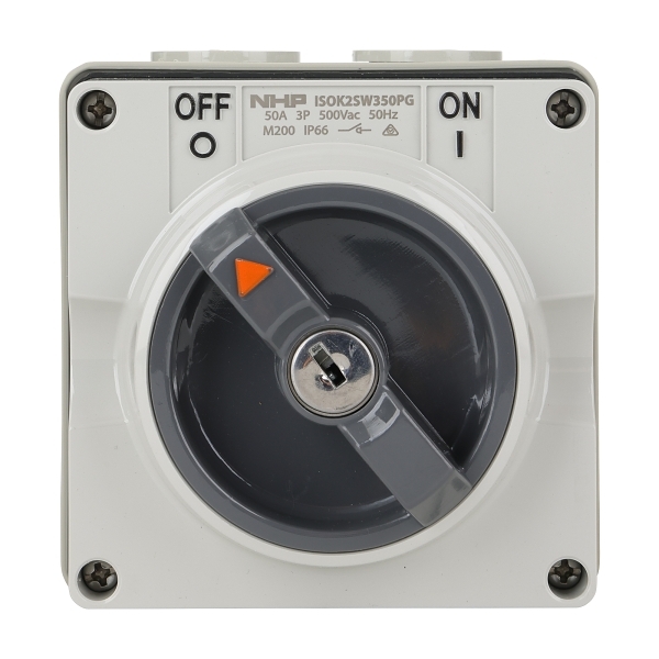 NHP ISO Surface Switch - Key, Lock in ON/OFF, 3 Pole 50A 500V AC, w/ Base, Grey
