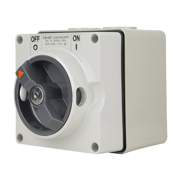 NHP ISO Surface Switch - Key, Lock in ON/OFF, 3 Pole 50A 500V AC, w/ Base, Grey