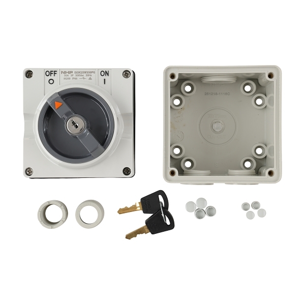 NHP ISO Surface Switch - Key, Lock in ON/OFF, 3 Pole 50A 500V AC, w/ Base, Grey