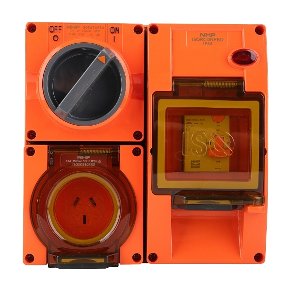 NHP ISO Switched Socket Outlet - RCD, 3 Flat Pins 10A 250V AC, w/ Base, RO