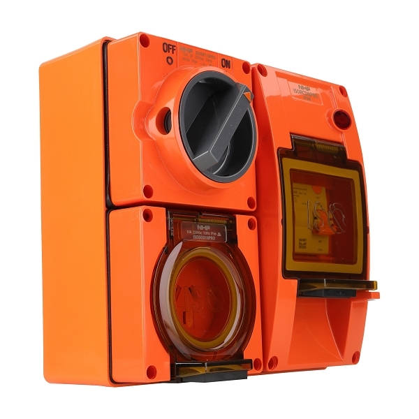 NHP ISO Switched Socket Outlet - RCD, 3 Flat Pins 10A 250V AC, w/ Base, RO