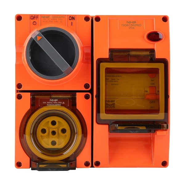 NHP ISO Switched Socket Outlet - RCD, 5 Round Pins 20A 500V AC, w/ Base, RO