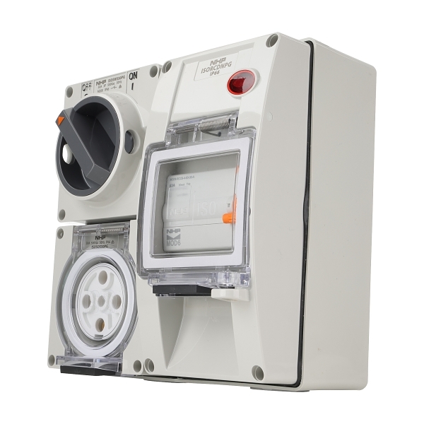 NHP ISO Switched Socket Outlet - RCD, 5 Round Pins 50A 500V AC, w/ Base, GY