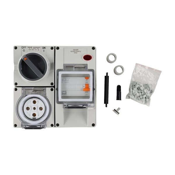 NHP ISO Switched Socket Outlet - RCD, 5 Round Pins 50A 500V AC, w/ Base, GY