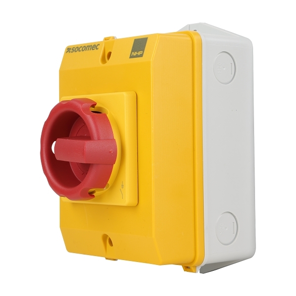 Socomec ISO Enclosed Isolator, IP 65 Plastic Yellow, Handle - Red, 4P 32A