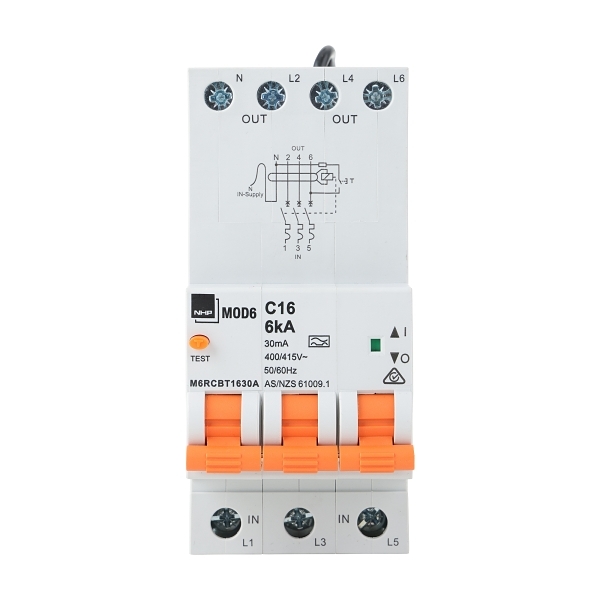 NHP MOD6 Residual Current Device - Long body w/ Overcurrent 6kA 50A 3PN ...