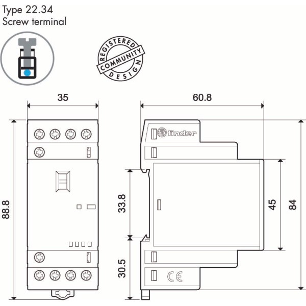 Finder 22 Series Modular Contactor 25A 24V AC DC Coil 4 Normally Open ...