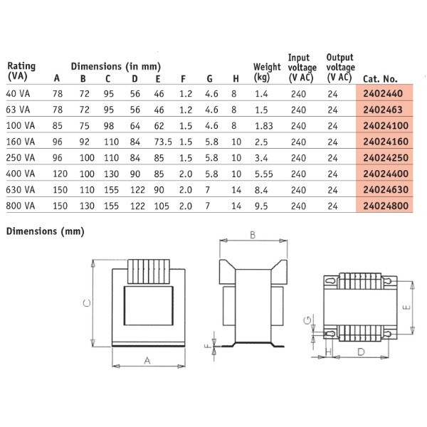 NHP Control Transformer 240V AC to 24V AC 40VA