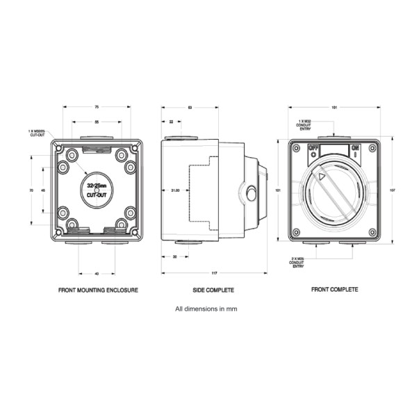 NHP ISO Surface Switch - Common Key, Lock in ON/OFF, 3 Pole 50A 500V AC ...