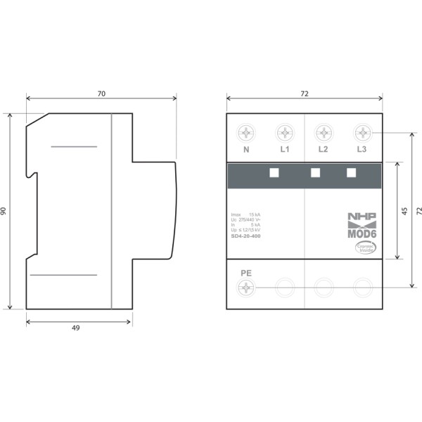 NHP MOD6 Surge Diverter 3Pole plus Neutral 40kA