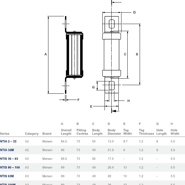 Mersen BS Fuse gG Size A2 73mm Centres 500V AC 20A