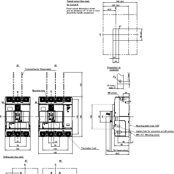 Terasaki TemBreak PRO MCCB 250 Frame 36kA 3P 250A Adj. Thermal Adj ...