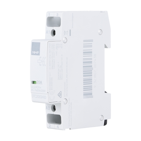 NHP DIN Contactors 20A 2 Normally Open Contacts 240V AC DC coil