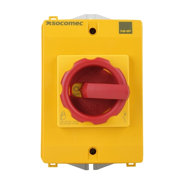 Socomec ISO Enclosed Isolator, IP 65 Plastic Yellow, Handle - Red, 3P 63A