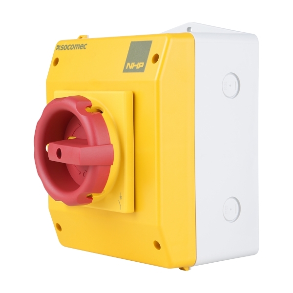 Socomec ISO Enclosed Isolator, IP 65 Plastic Yellow, Handle - Red, 4P 63A
