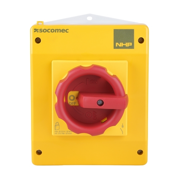 Socomec ISO Enclosed Isolator, IP 65 Plastic Yellow, Handle - Red, 4P 80A