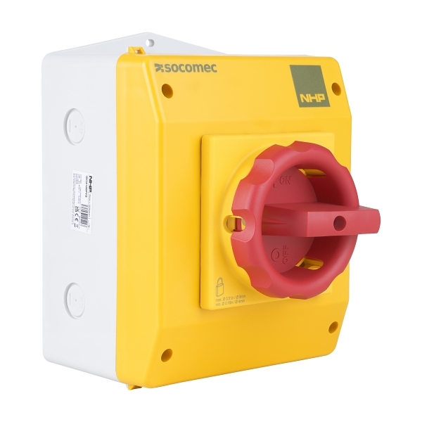 Socomec ISO Enclosed Isolator, IP 65 Plastic Yellow, Handle - Red, 4P 80A